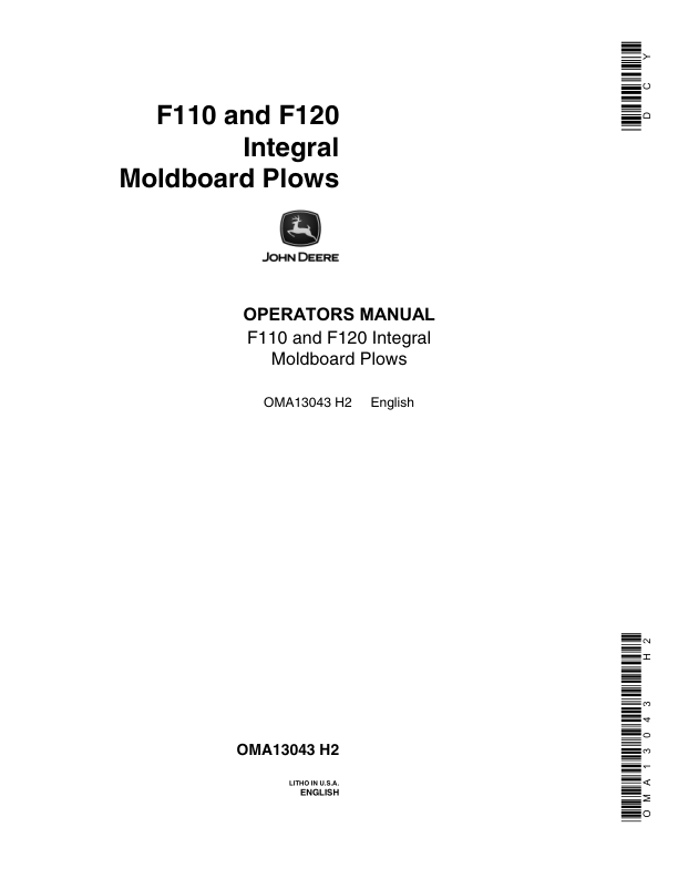 John Deere F110, F120 Integral Moldboard Plows Operator's Manual (OMA13043)