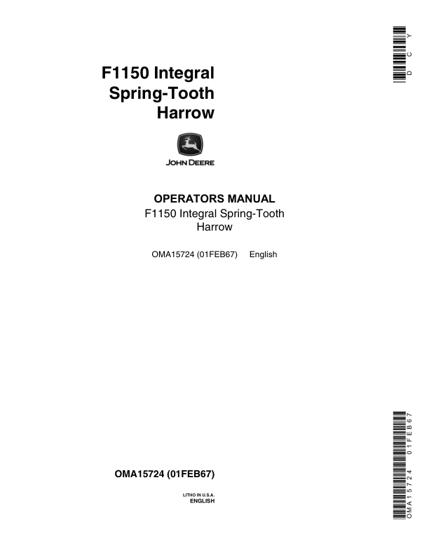 John Deere F1150 Integral Spring Tooth Harrow Operator's Manual (OMA15724)