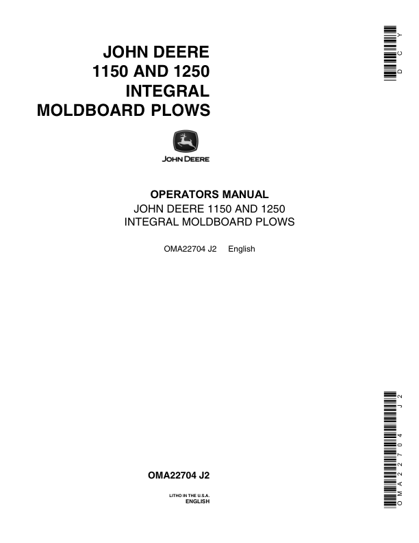 John Deere 1150, 1250 Integral Moldboard Plows Operator's Manual (OMA22704)