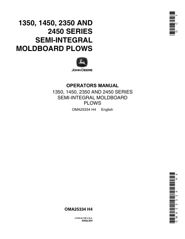 John Deere 1350, 1450, 2350, 2450 Semi-Integral Moldboard Plows Operator's Manual (OMA25334)