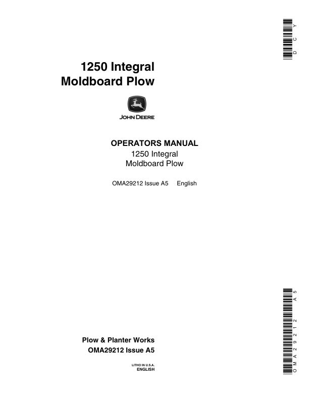 John Deere 1250 Moldboard Plow Operator's Manual (OMA29212)