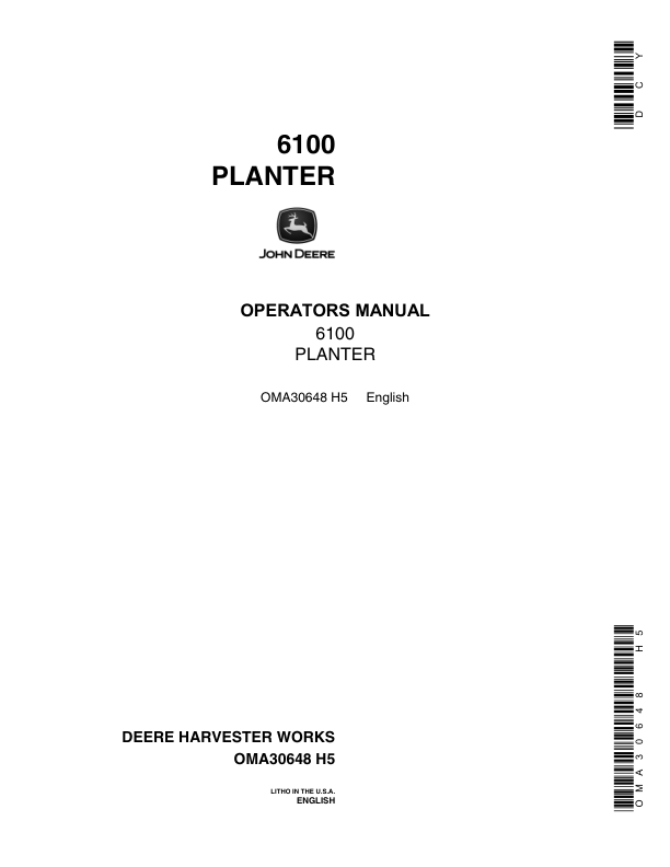 John Deere 6100 Planter Operator's Manual (OMA30648)