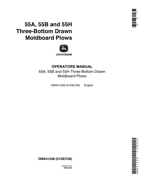 John Deere 55A, 55B, 55H Moldboard Plows Operator's Manual (OMA41258)