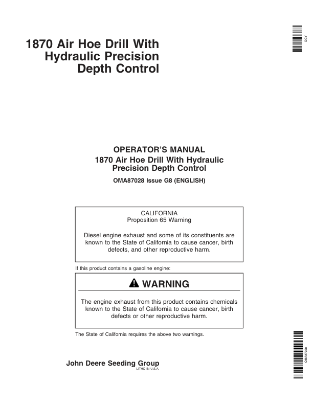 John Deere 1870 Air Hoe Drill North America (730101-735100) Operator's ...
