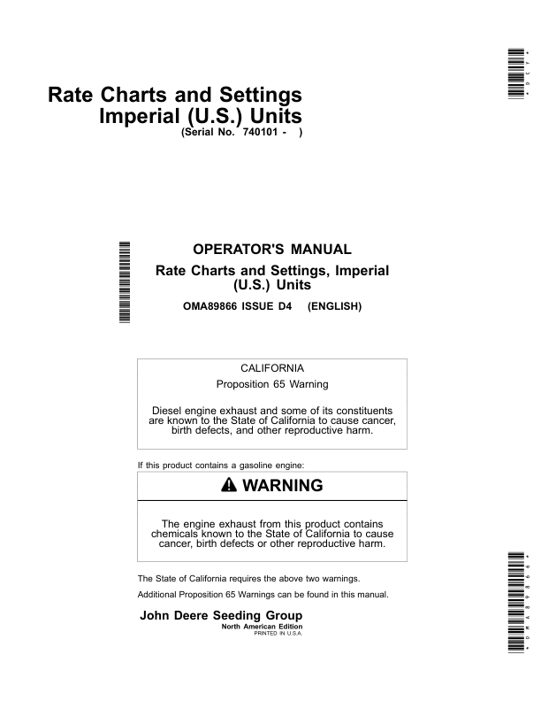 John Deere Rate Charts & Settings Standard Units (740101- ) Operator's ...