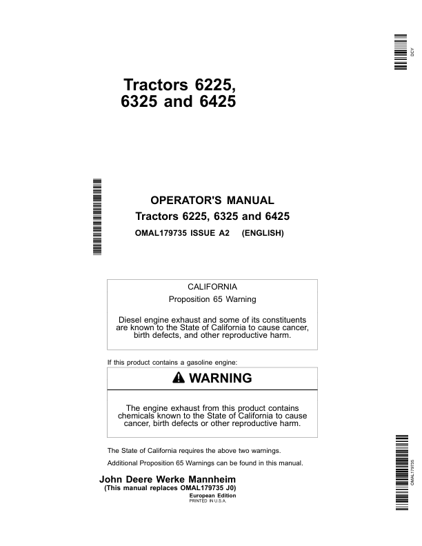 John Deere 6225, 6325 & 6425 Tractors Operator's Manual (OMAL179735)