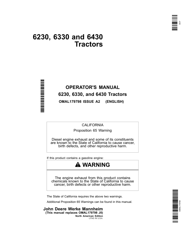 John Deere 6230, 6330 & 6430 Tractors Operator's Manual (OMAL179798)
