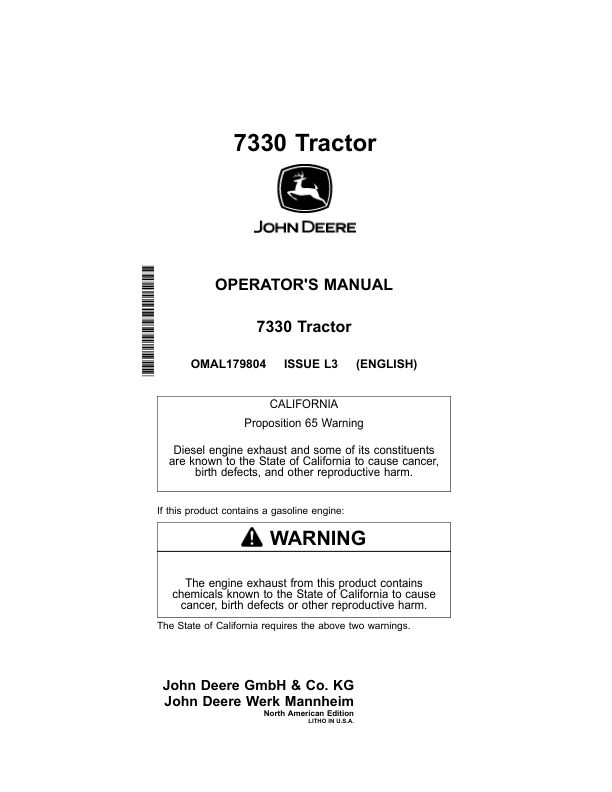 John Deere 7330 Tractor (North American) Operator's Manual (OMAL179804)