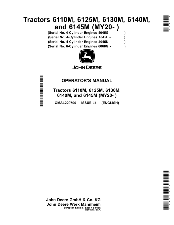 John Deere Tractors 6110M, 6125M, 6130M, 6140M, 6145M (MY20- ) Operator ...