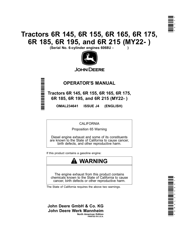 John Deere Tractors 6R 145, 6R 155, 6R 165, 6R 175, 6R 195, 6R 215 ...