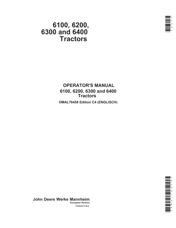 John Deere 6100, 6200, 6300 & 6400 Tractors Operator's Manual (OMAL76458)