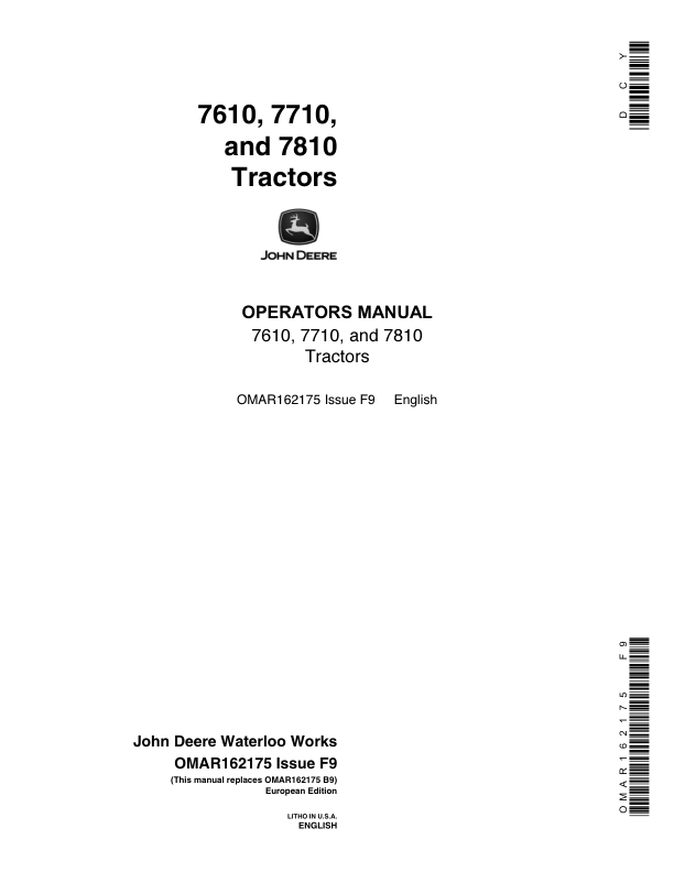 John Deere 7610, 7710, 7810 Tractors Operator's Manual (OMAR162175)