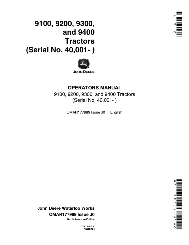 John Deere 9100, 9200, 9300, 9400 Tractors (040001-) Operator's Manual (OMAR177989)