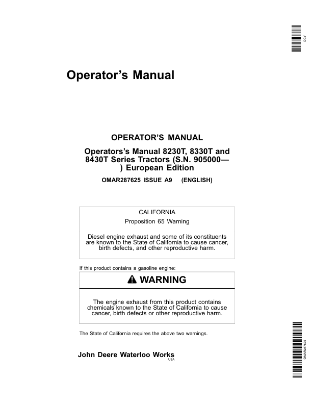 John Deere 8230T, 8330T, 8430T Tractors (905000-) Operator's Manual ...