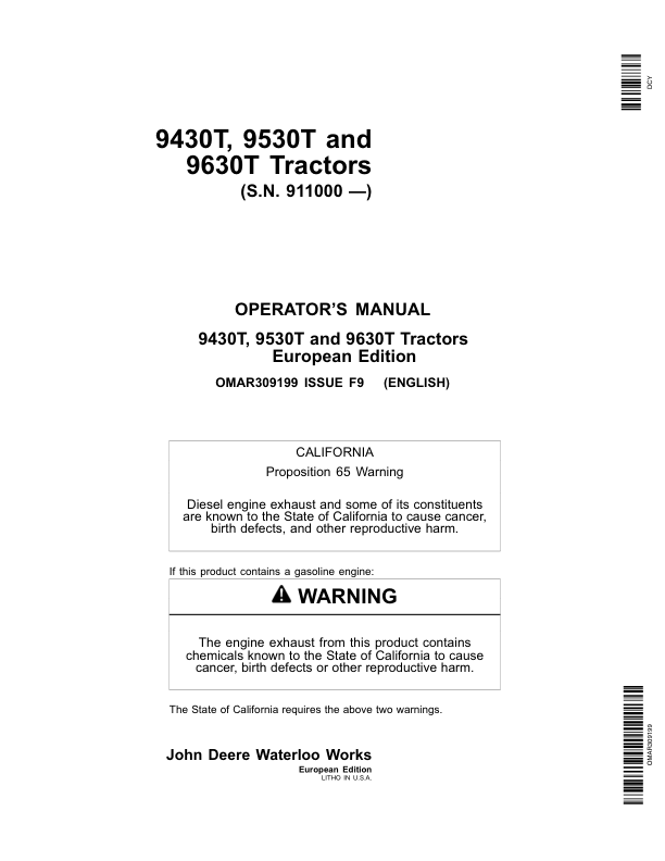 John Deere 9430T, 9530T, 9630T Tractors (911000-) Operator's Manual ...