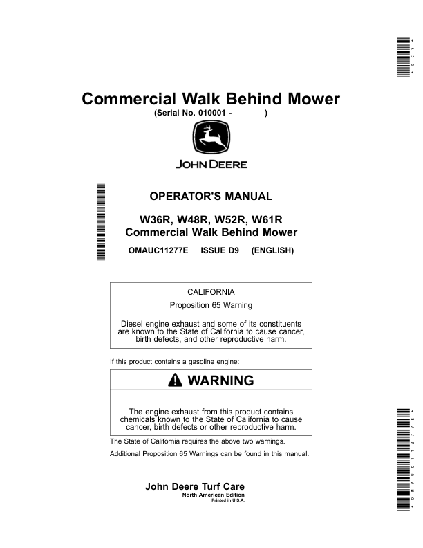 John Deere W36R, W48R, W52R, W61R Commercial Walk Behind Mowers (010001 ...
