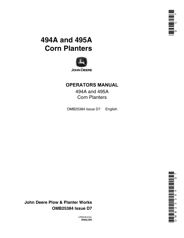 John Deere 494A, 495A Unit Planter Operator's Manual (OMB25384)