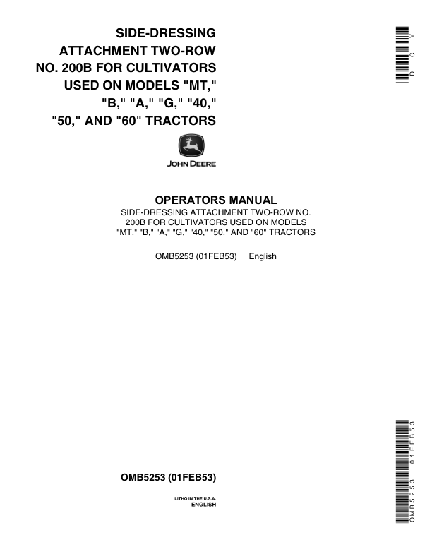 John Deere Side Dressing Attachment Two-Row - No. 200B Operator's ...