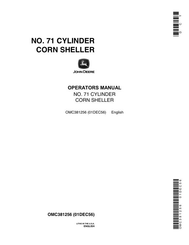 John Deere No. 71 Cylinder Corn Sheller Operator's Manual (OMC381256)