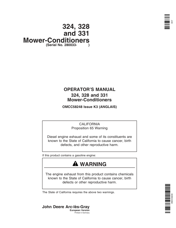 John Deere 324, 328, 331 Mower Conditioner Operator's Manual (OMCC58248)
