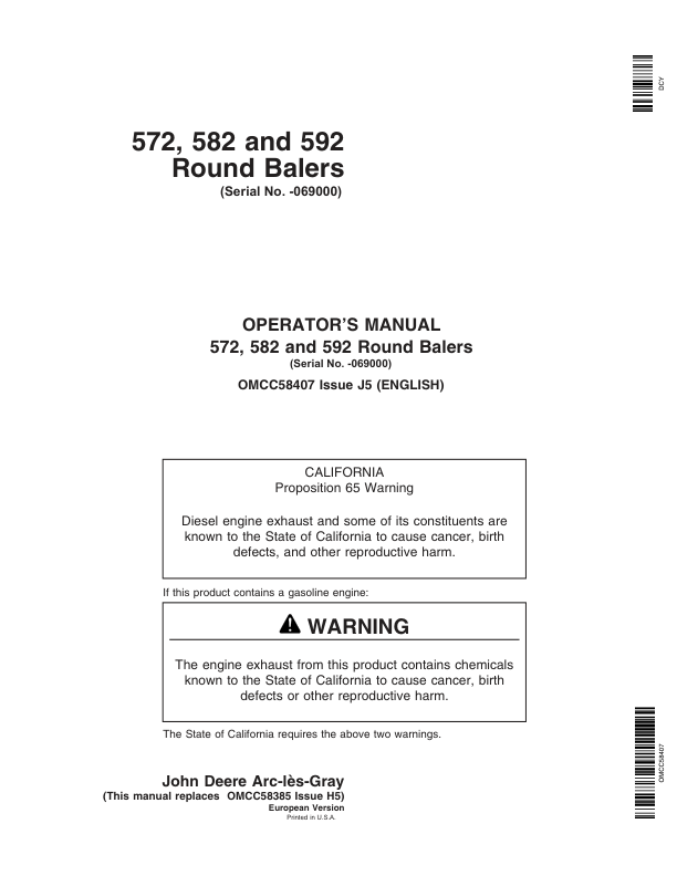 John Deere 572, 582, 592 Round Balers Operator's Manual (OMCC58407)