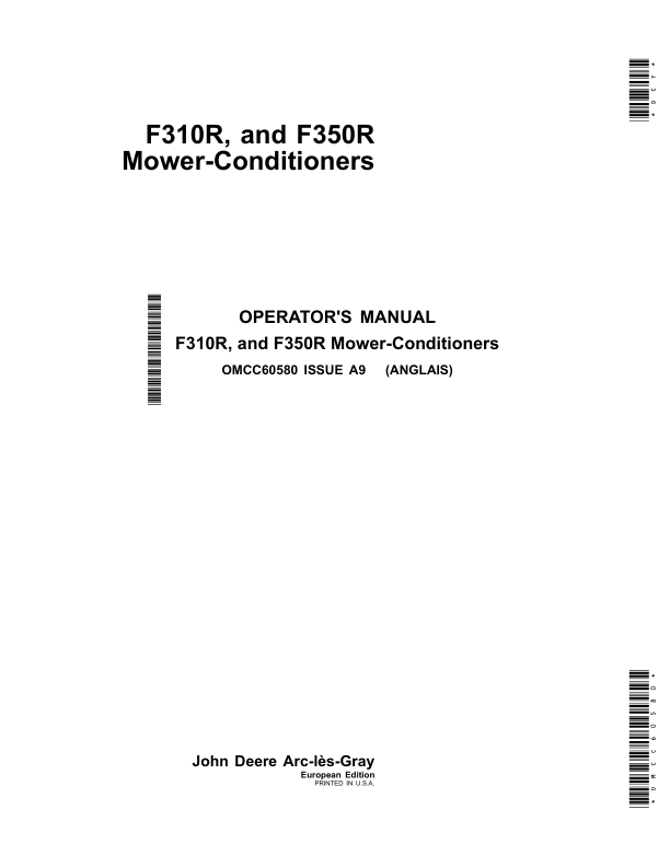 John Deere F310R, F350R Mower-Conditioners Operator's Manual (OMCC60580)
