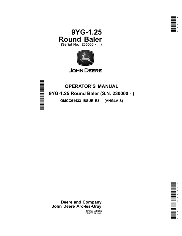 John Deere 9YG-1.25 Round Baler (China Edition) (230000-) Operator's Manual (OMCC61433)
