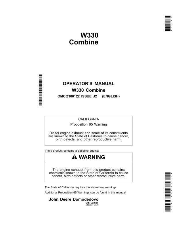 John Deere W330 Combine Commonwealth of Independent States Operator's ...