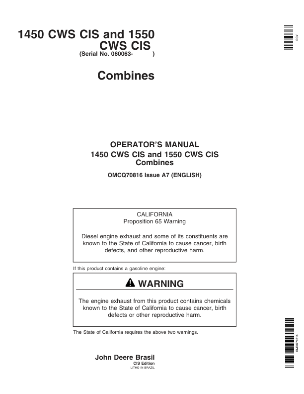 John Deere 1450CWS CIS, 1550CWS CIS Combine Operator's Manual (OMCQ70816)