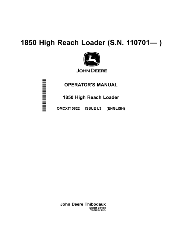 John Deere 1850 High Reach Loader (110701-) Operator's Manual (OMCXT10822)