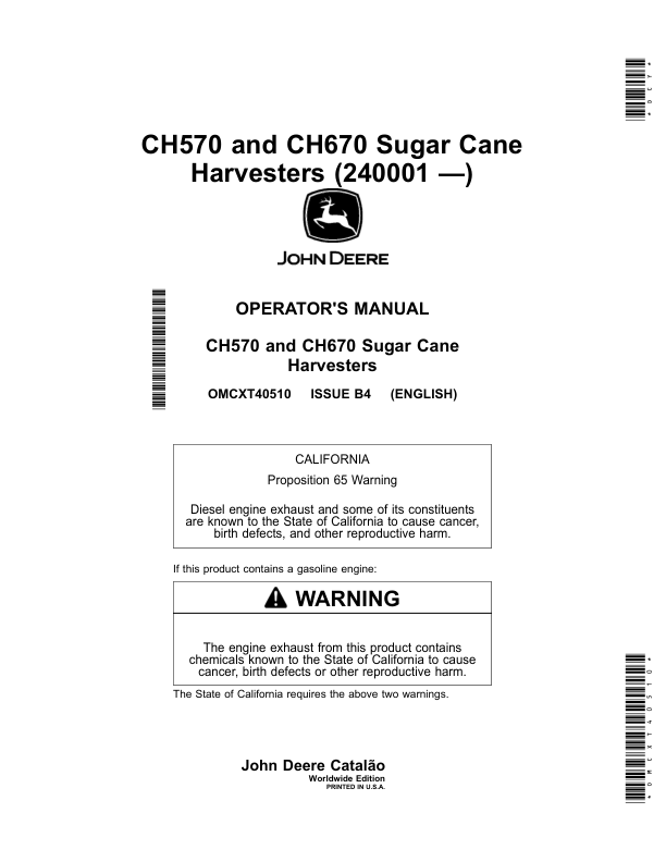 John Deere CH570, CH670 Sugar Cane Harvesters (240001 —) Operator's ...