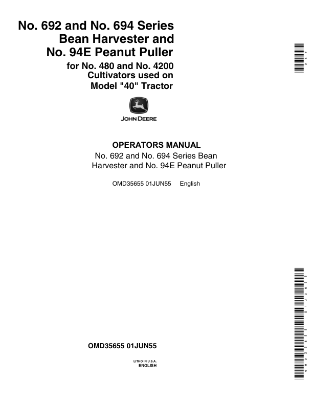 John Deere 692, 694 Bean Harvester, 94E Peanut Puller Operator's Manual ...
