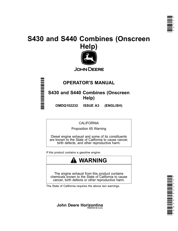 John Deere S430, S440 Combines (Onscreen Help) (150100-) Operator's ...