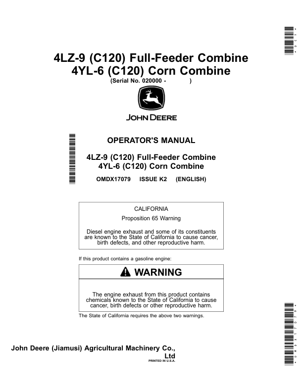 John Deere 4LZ-9 (C120) Full-Feeder Combine 4YL-6 (C120) Corn Combine (020000-) (Export, Asia ...