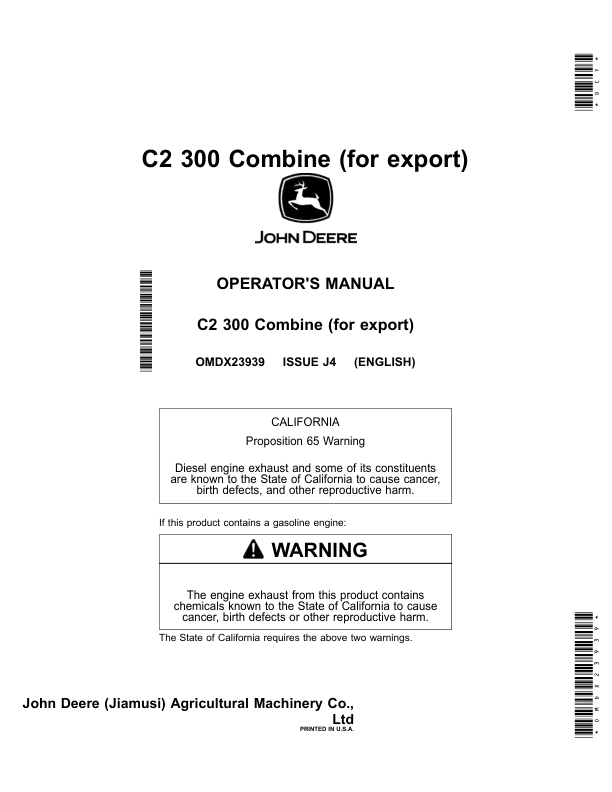 John Deere C2 300 Combine (for export) Operator's Manual (OMDX23939)