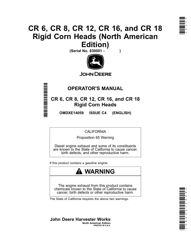 John Deere CR 6, CR 8, CR 12, CR 16, CR 18 Rigid Corn Heads (835001 ...