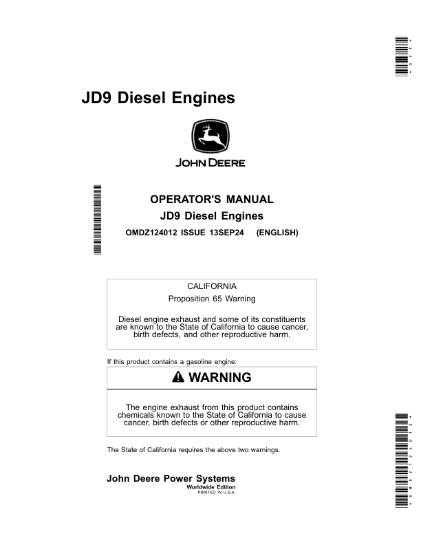 John Deere JD9 Diesel Engines Operator's Manual (OMDZ124012)