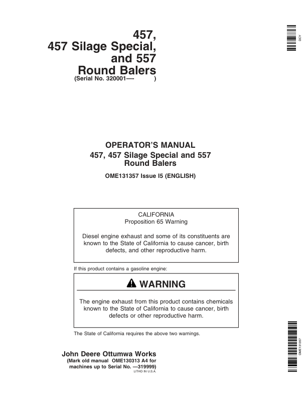 John Deere 457, 457S, 557 Round Balers (320001-) Operator's Manual ...