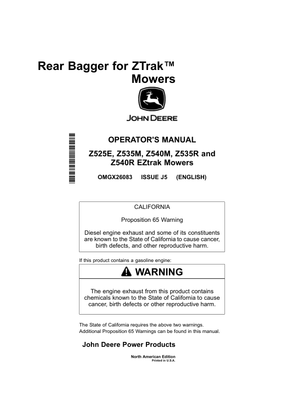 John Deere Rear Bagger for ZTrak Mowers (48/54 Inch)Applies to Z525E ...