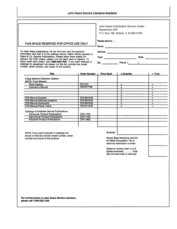 John Deere 3 Bag Material Collection System Operator's Manual (OMM77709)