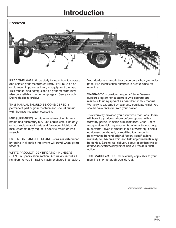 John Deere 2210 Floating Hitch Field Cultivator North America (006000-007999) Operator's Manual ...