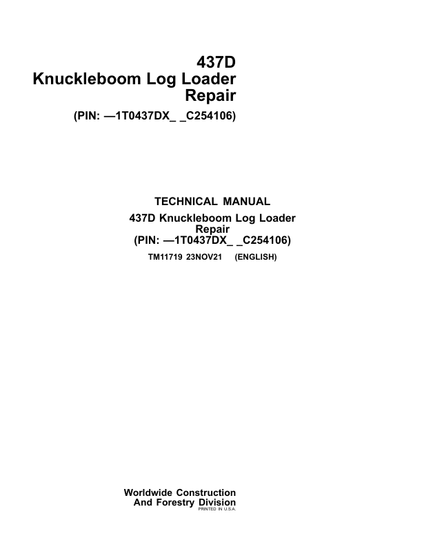 John Deere 437D Knuckleboom Log Loader Service Repair Manual (SN before ...