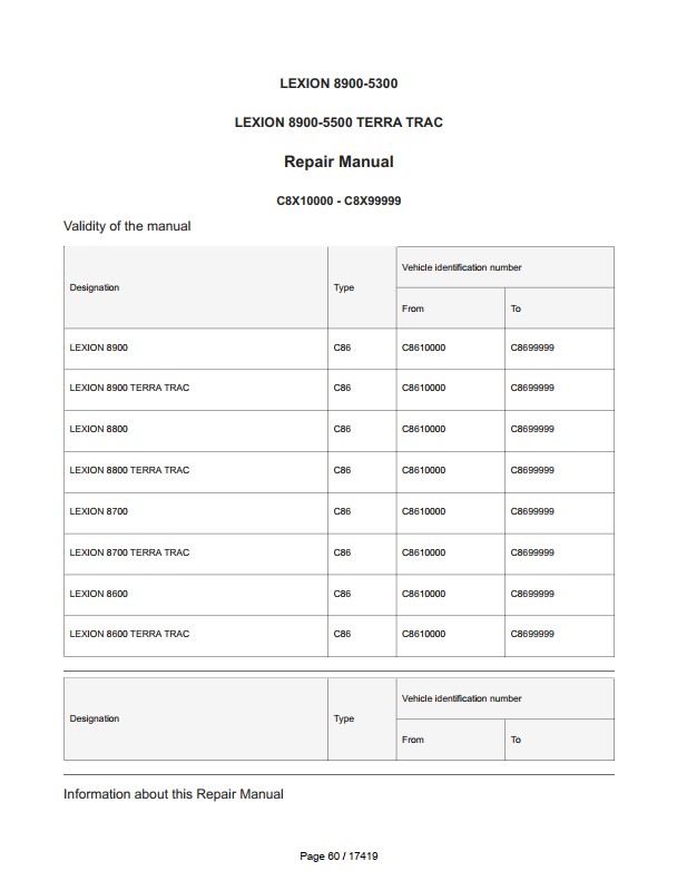 CLAAS 8900, 8800, 8700, 8600 (C86) Operators, Technical, Repair Manual