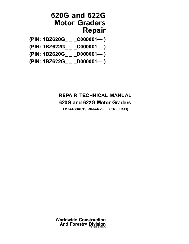 John Deere 620G, 622G Motor Graders Service Repair Manual (SN after ...