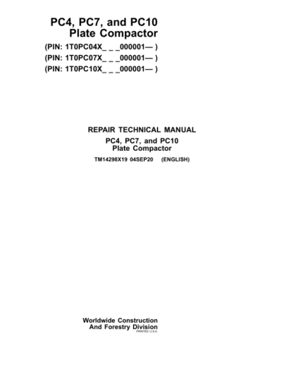 John Deere PC4, PC7, PC10 Plater Compactor Service Repair Manual (TM14298X19)