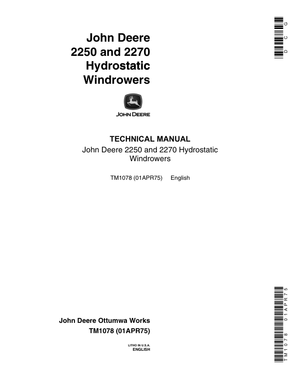 John Deere 2250, 2270 Hydrostatic Windrowers Repair Technical Manual ...