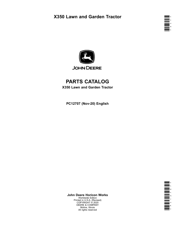 John Deere X350 Riding Lawn Tractor Parts Catalog Manual (PC12707)