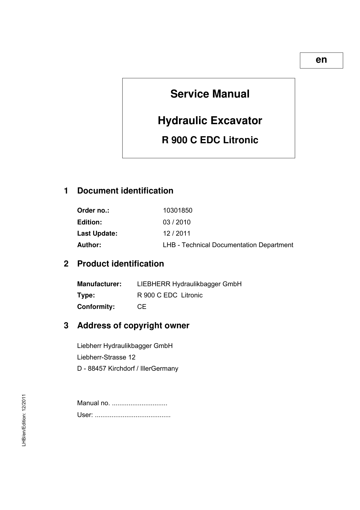 Liebherr R 900 C EDC Litronic Hydraulic Excavator Operators Service ...